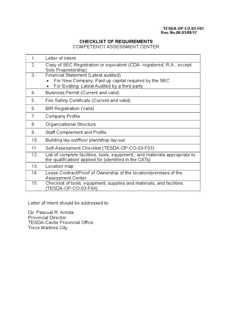 TESDA-OP-CO-03-F01 Checklist of Requirements For Accreditation of ...
