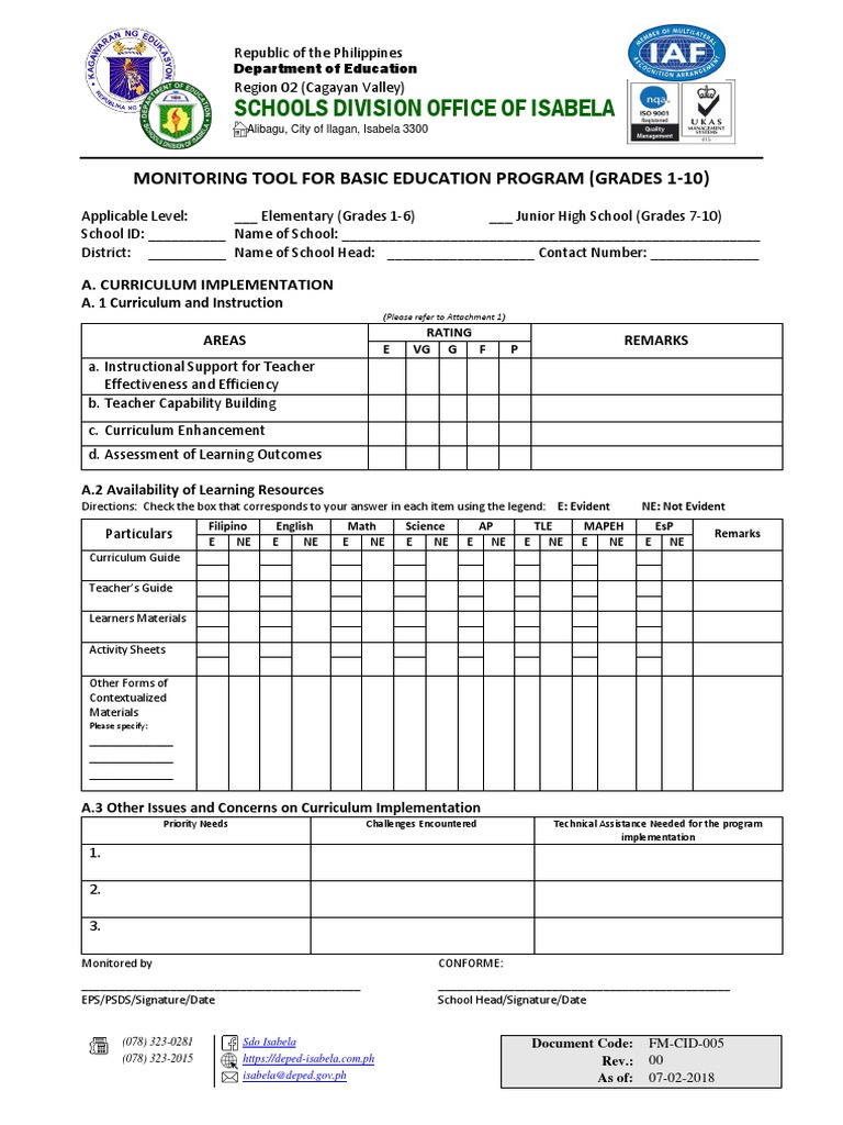 FM CID 005 Monitoring Tool For Basic Education Program Grades 1 10 | Download Free PDF ...