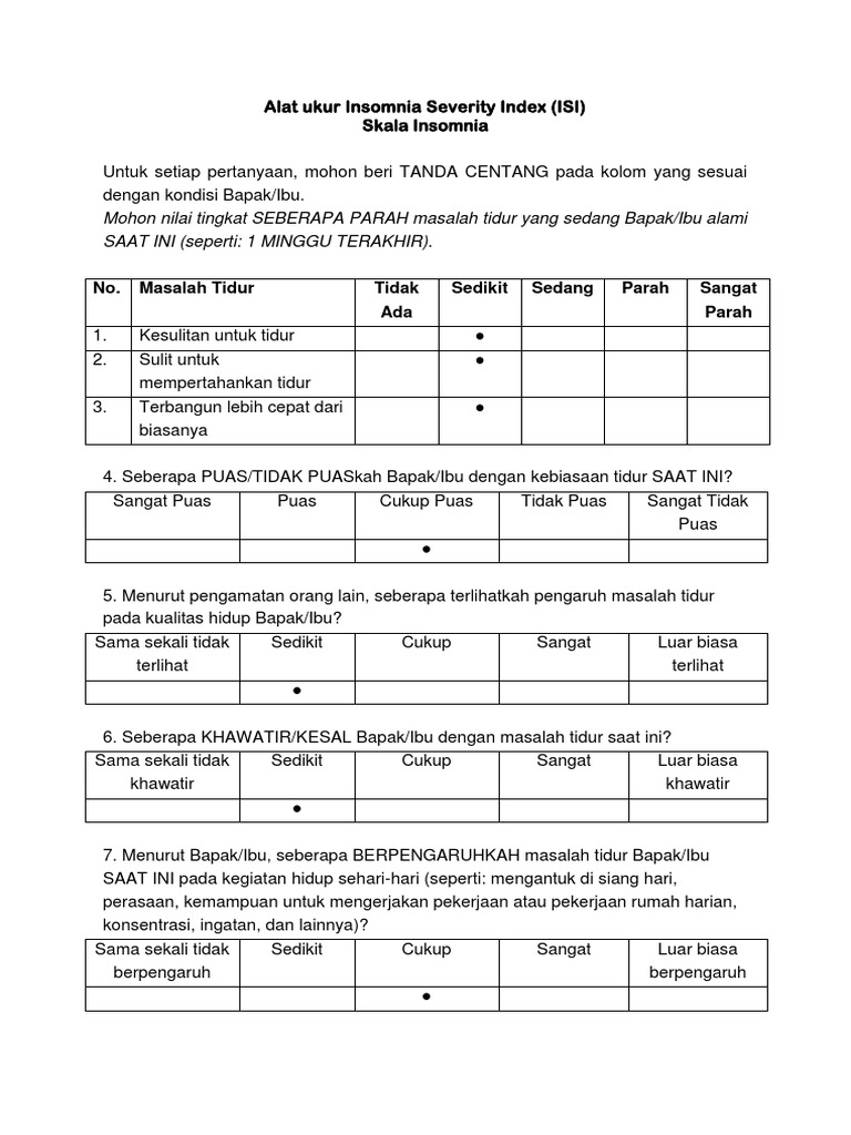 Alat Ukur Insomnia Severity Index ISI SK Indonesia | PDF