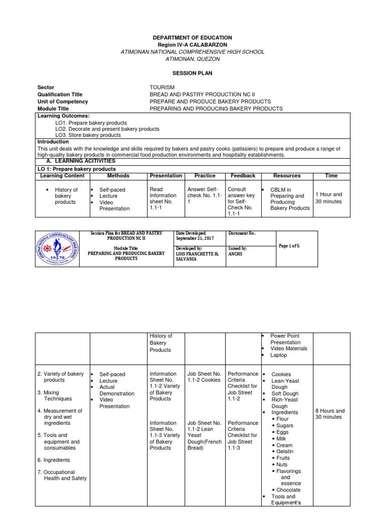 Preparing and Producing Bakery Products: A Comprehensive Session Plan for Bread and Pastry ...