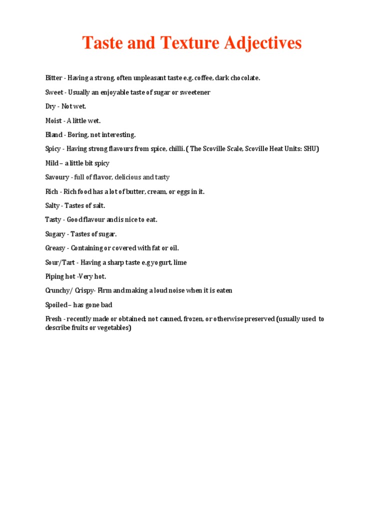 Taste and Texture Adjectives | PDF | Wellness