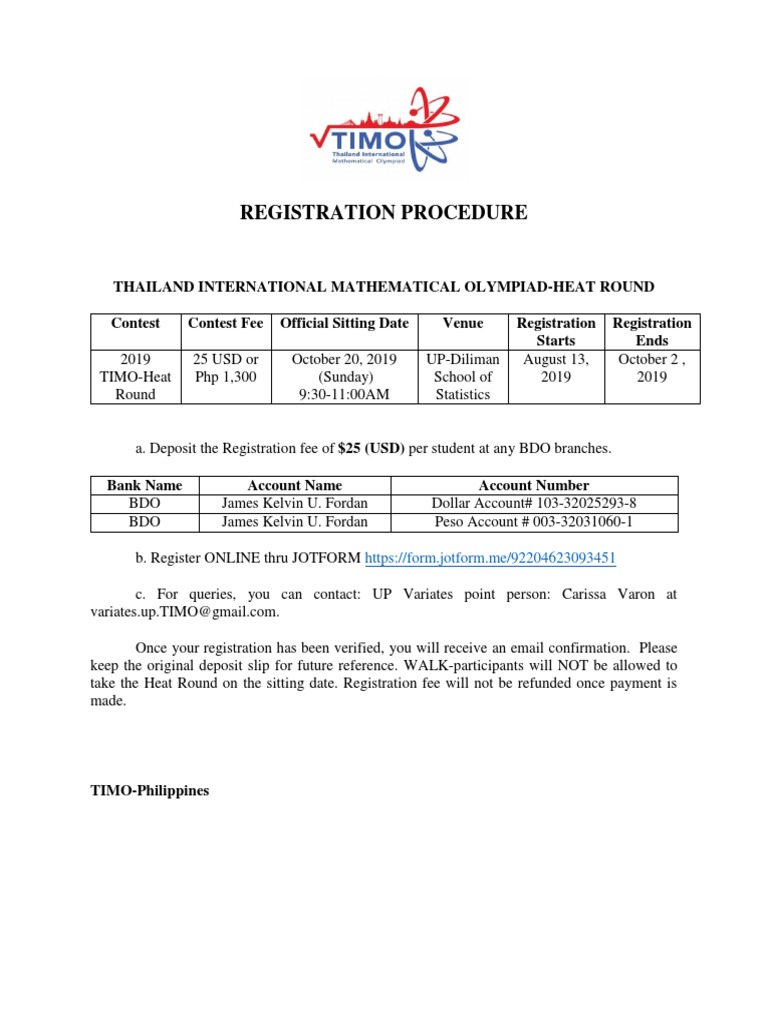 TIMO Heat Round Registration 2019 | PDF | Banking | Business