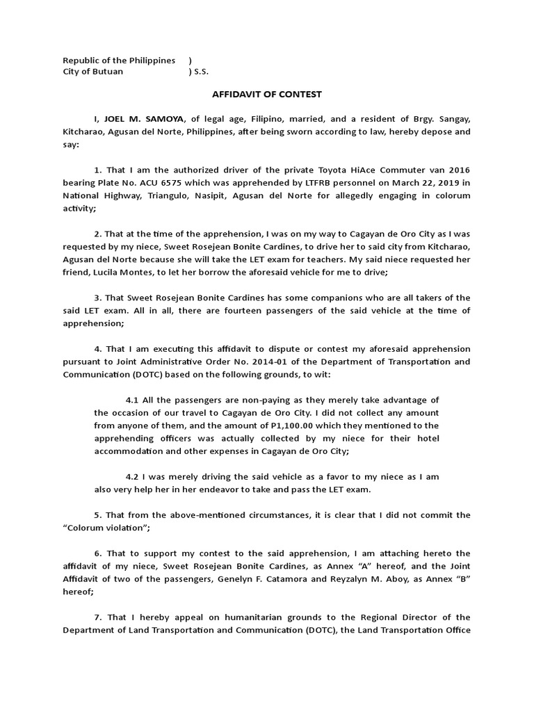 Affidavit of Contest | PDF | Affidavit | Common Law