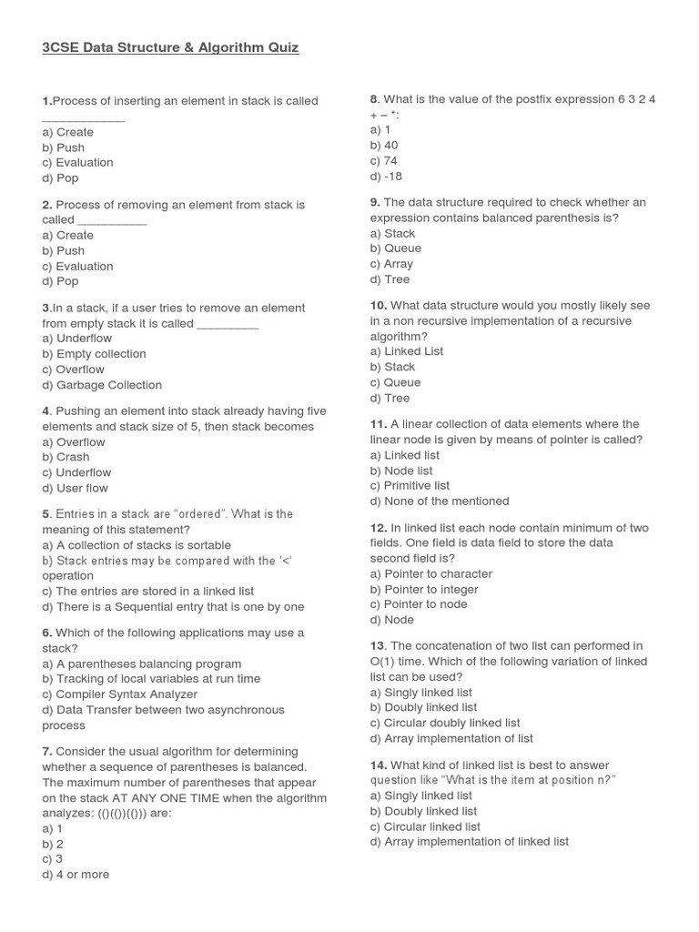 Data Structure And Algorithm Objective Questio1 Pdf Array Data Structure Queue Abstract
