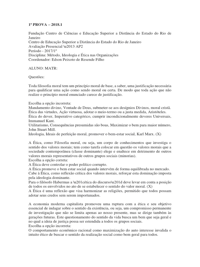 AP2 - Prova - Cederj - Metodologia, Ideologia e Ética | PDF | Economia | Moralidade