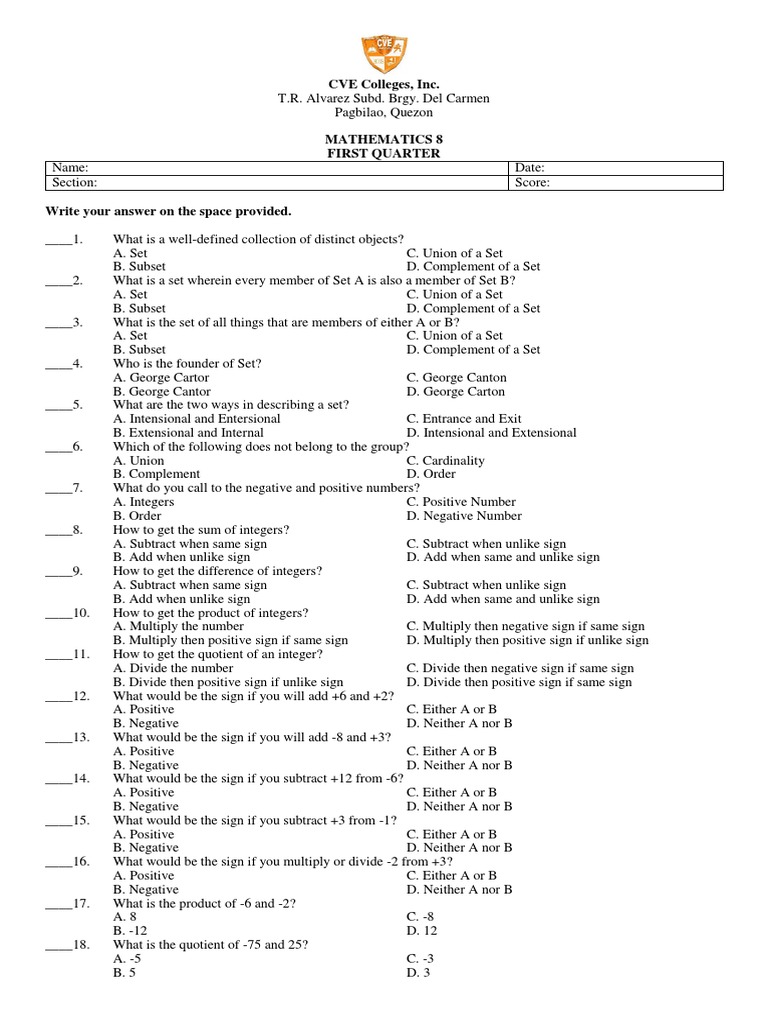 Grade 8 Mathematics 1st Quarter | PDF | Set (Mathematics) | Multiplication