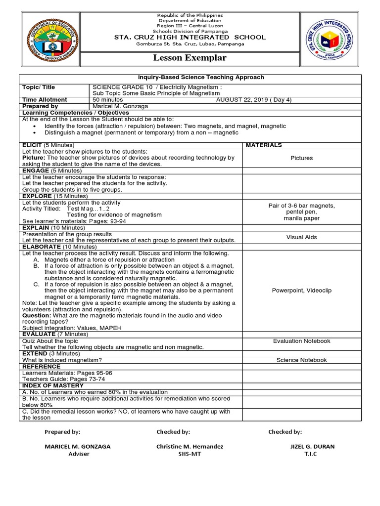 Lesson Exemplar: Sta. Cruz High Integrated School | PDF | Inquiry Based ...