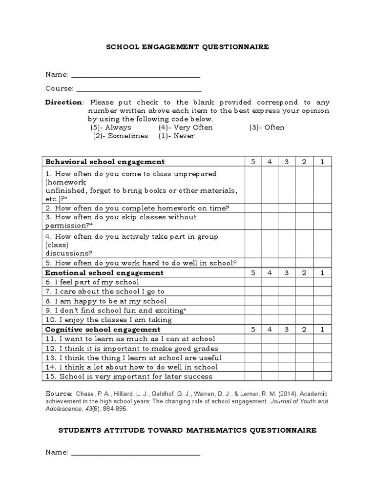 School Engagement Questionnair1 | PDF | Teaching Mathematics ...