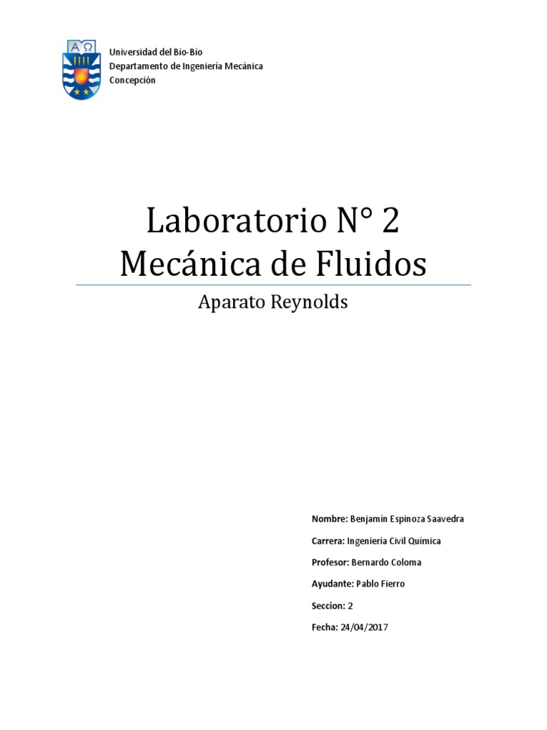 Laboratorio 2 Mecánica de Fluidos Aparato Reynolds | PDF | Numero Reynolds | Flujo laminar