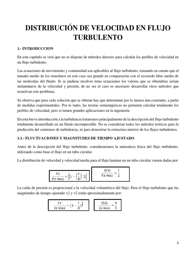 Distribución De Velocidad En Flujo Turbulento: 1.-Introduccion ...