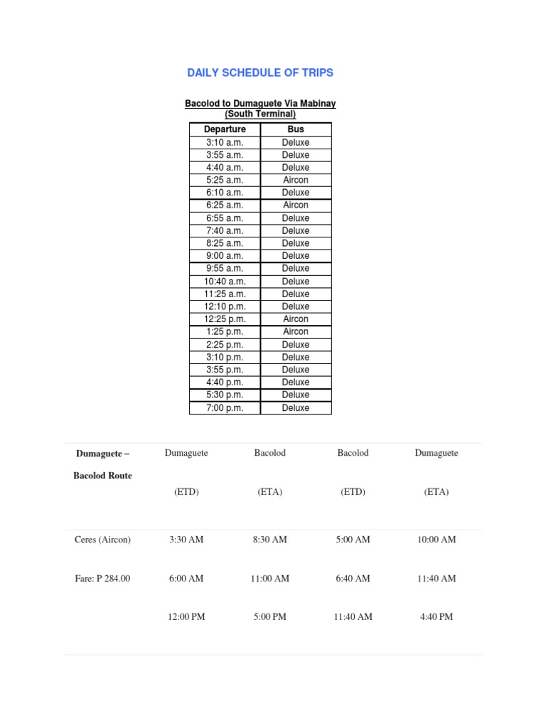 Bacolod-Dumaguete Bus Schedule 2023 | PDF | Bus Transport | Public ...