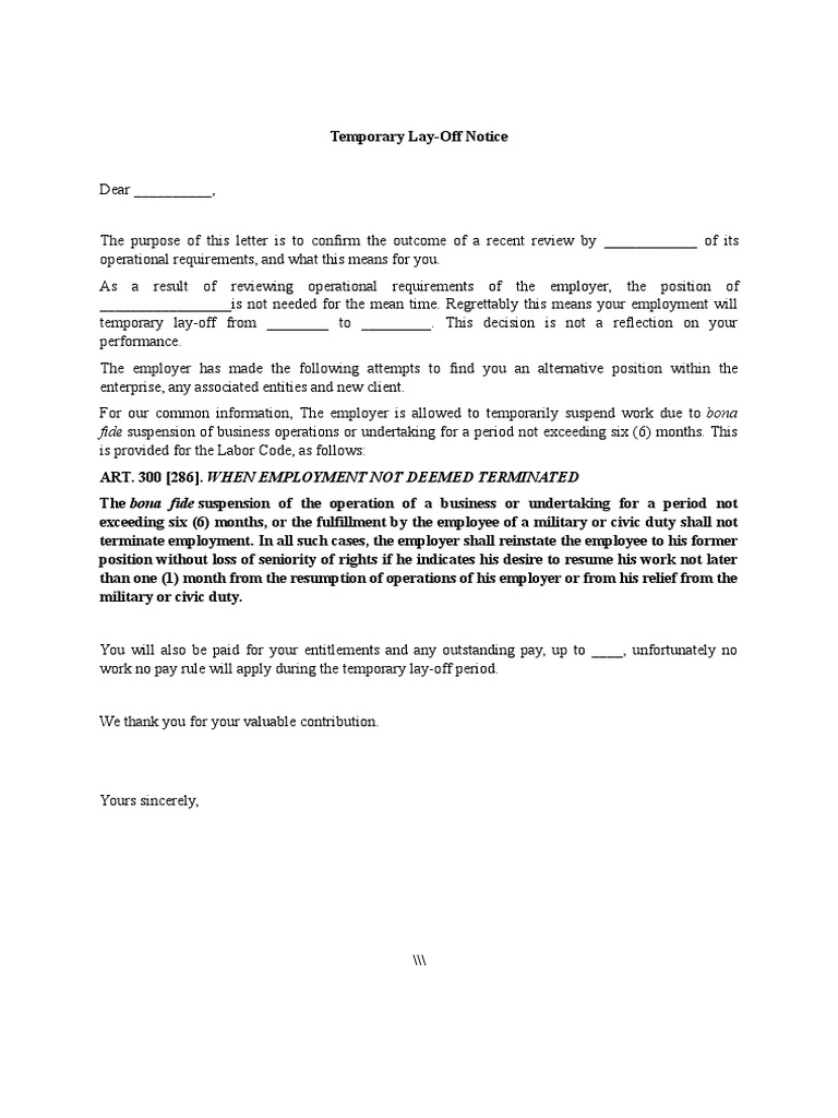 Temporary Lay-Off Notice Template | PDF | Finance & Money Management