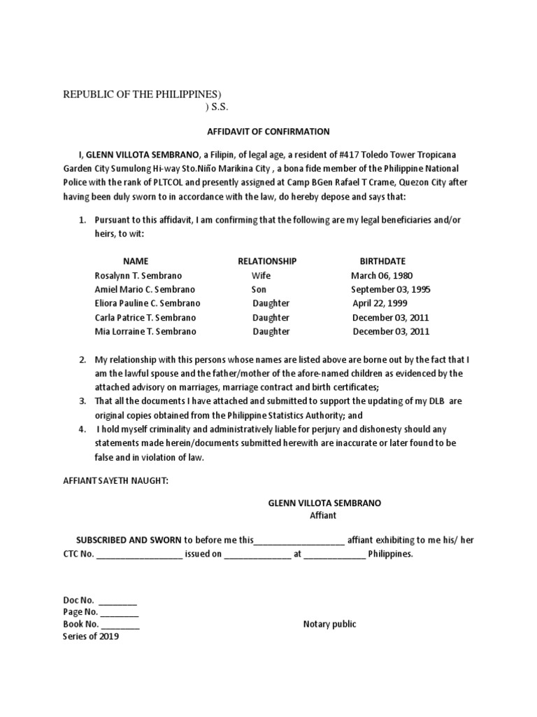 Confirming Legal Beneficiaries and Heirs through Affidavit | PDF