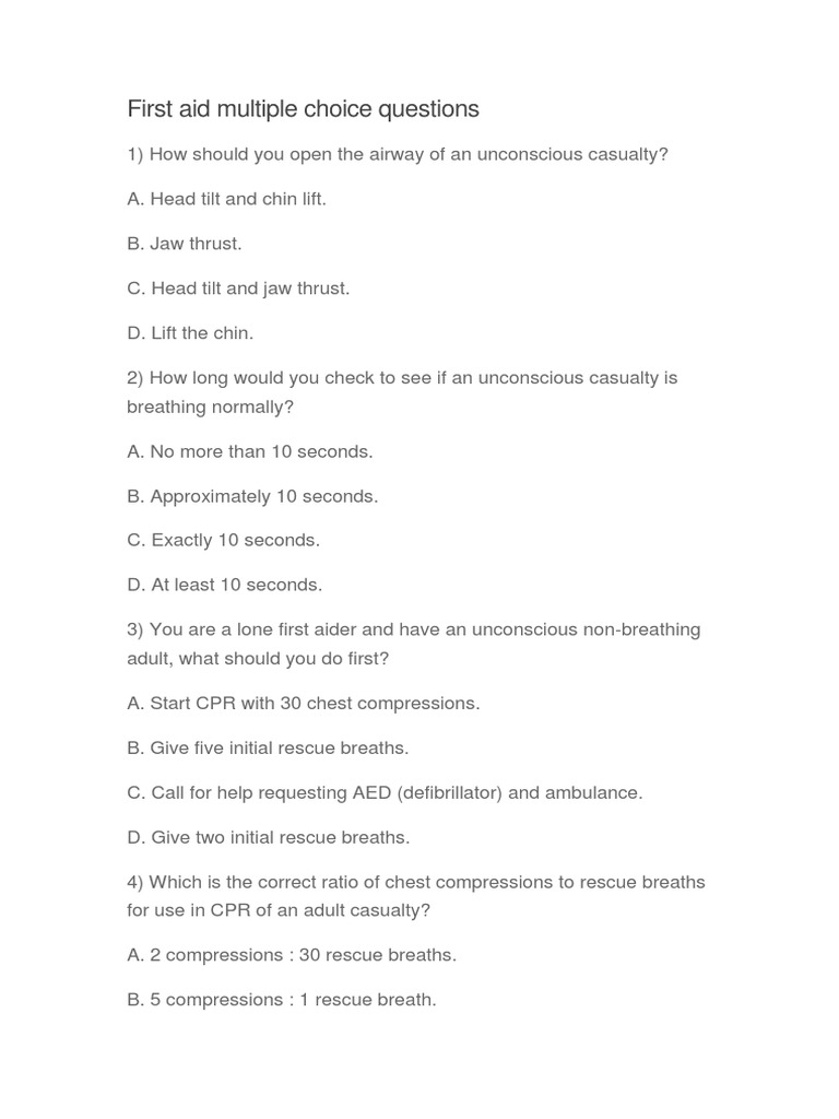 First Aid Multiple Choice Questions | PDF | Cardiopulmonary ...