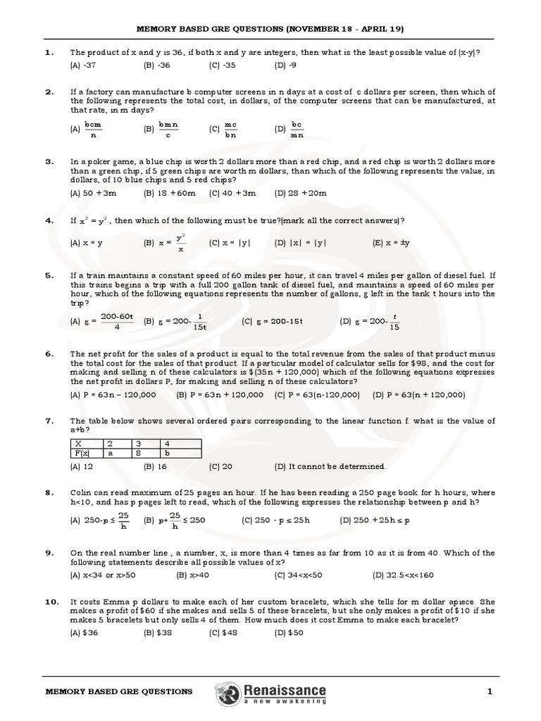 Memory Based GRE Questions | PDF | Quadratic Equation | Numbers