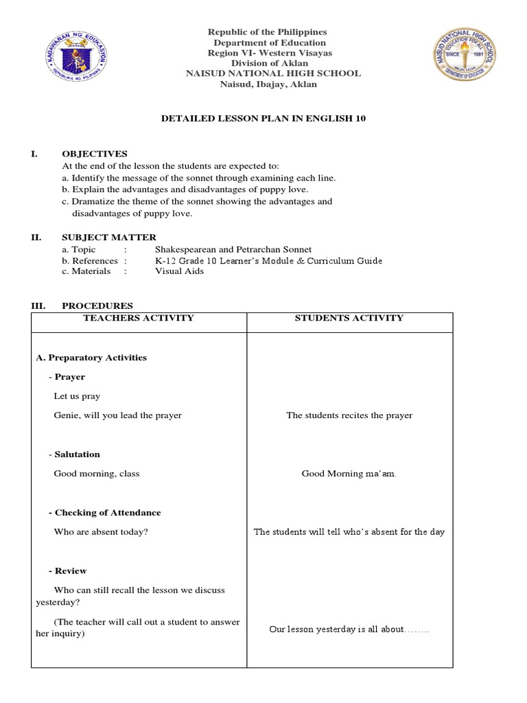 Detailed Lesson Plan in Sonnet | PDF | Sonnets | Poems