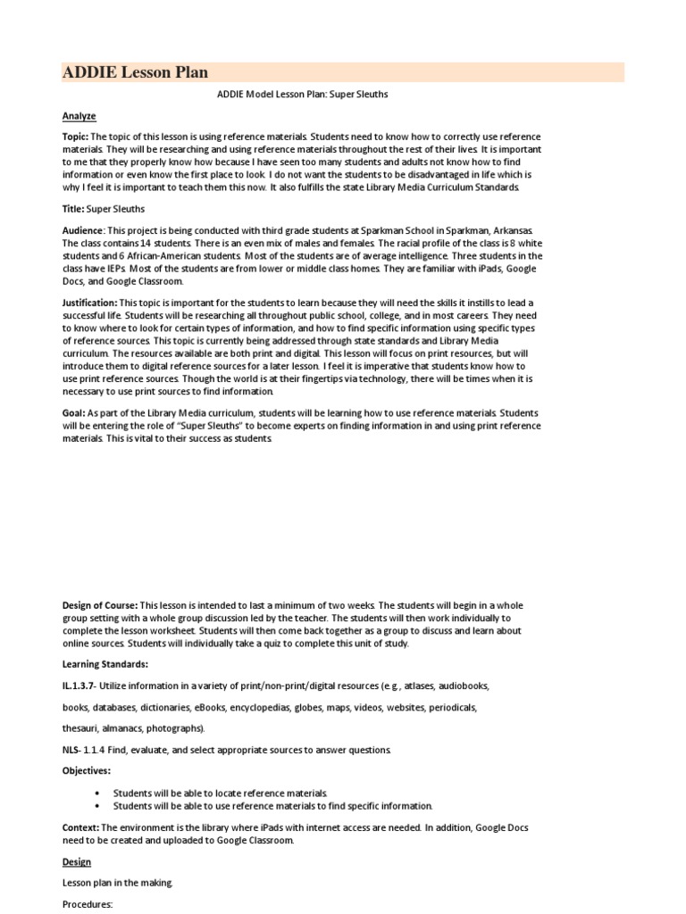 ADDIE Lesson Plan | PDF | Libraries | Classroom