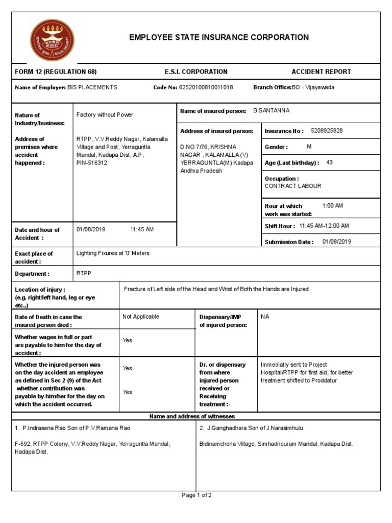 Employee State Insurance Corporation: Form 12 (Regulation 68) E.S.I ...