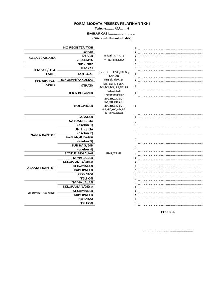 Formulir Biodata Peserta Pelatihan TKHI | PDF