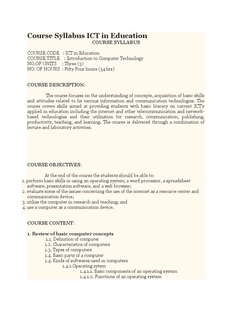 ICT in Education Course Syllabus | PDF | Educational Technology ...