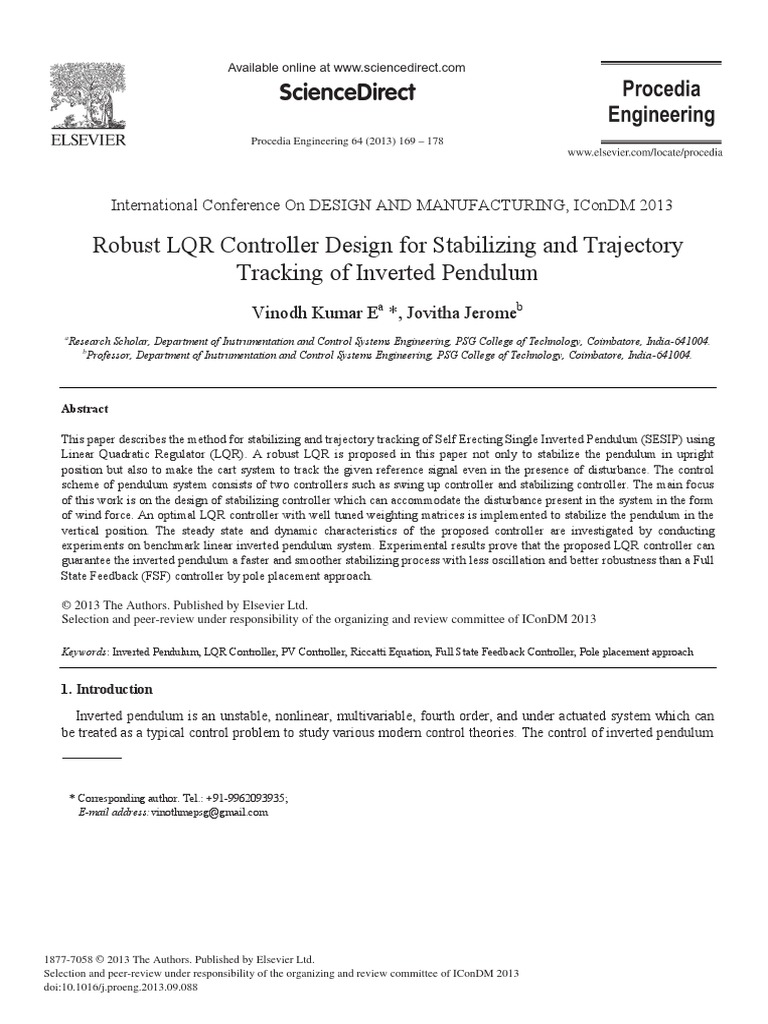 Robust LQR Controller Design For Stabilizing and Trajectory Tracking of Inverted Pendulum PDF ...