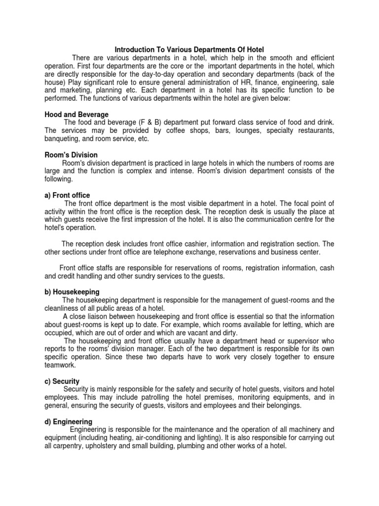 Core Hotel Departments and Functions | PDF | Hotel | Accounting