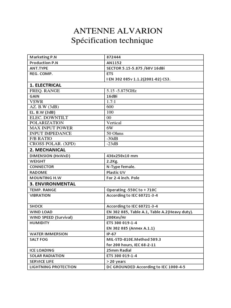 Antenne Alvarion Spécification Technique: 1. Electrical | PDF