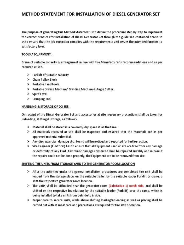 Method Statement For Installation of Diesel Generator Set | PDF | Diesel Engine | Manufactured Goods