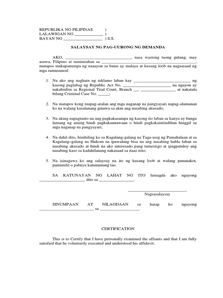 Sample Sinumpaang Salaysay NG Pag-Uurong NG Habla | PDF