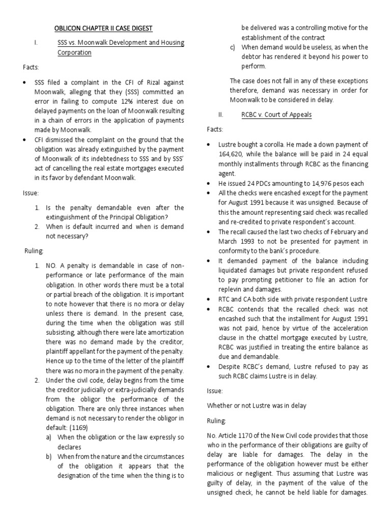 Oblicon Chapter II Case Digest | PDF | Lease | Damages