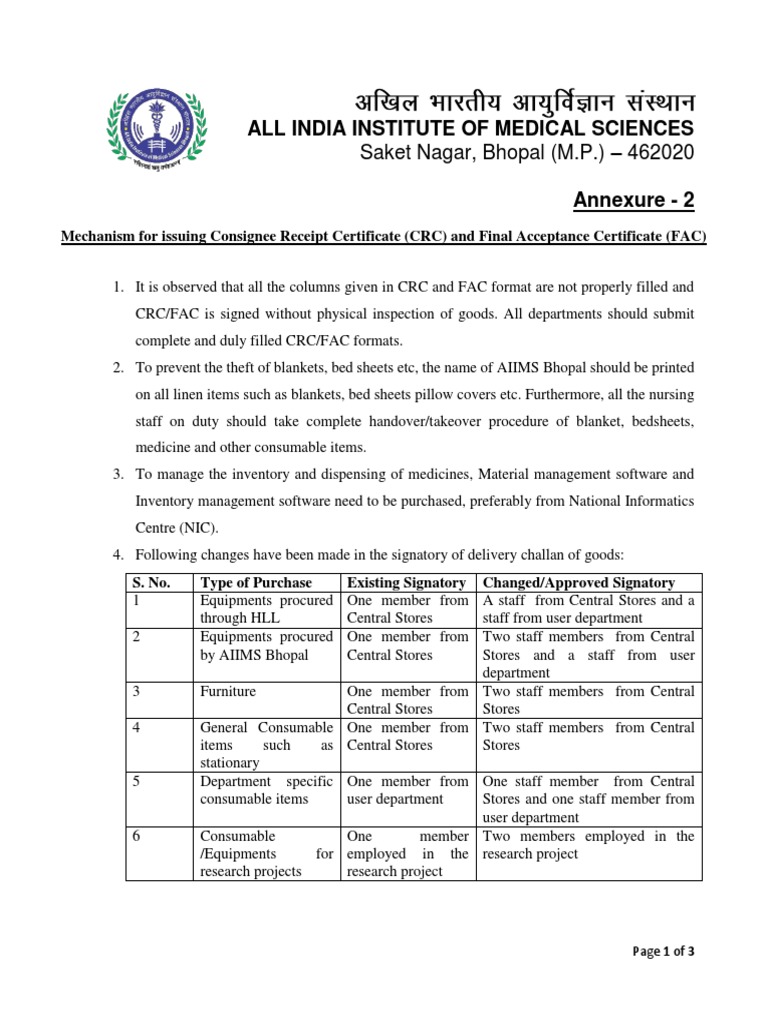 Procedures for Issuing Receipts and Acceptance Certificates at AIIMS ...