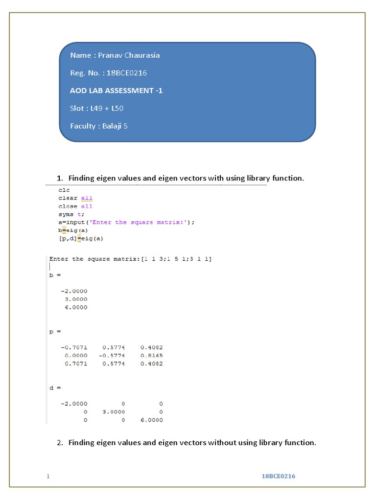 Aod Lab Assessment - 1: Name: Pranav Chaurasia Reg. No.: 18BCE0216 | PDF