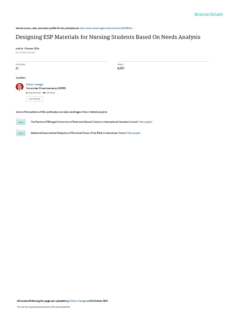 Designing ESP Materials For Nursing Students Based | PDF | Language Education | Curriculum