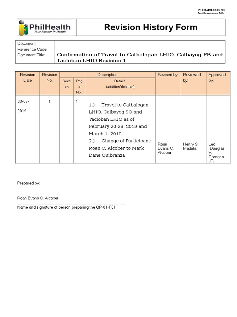 Revision History Form: Confirmation of Travel To Catbalogan LHIO ...