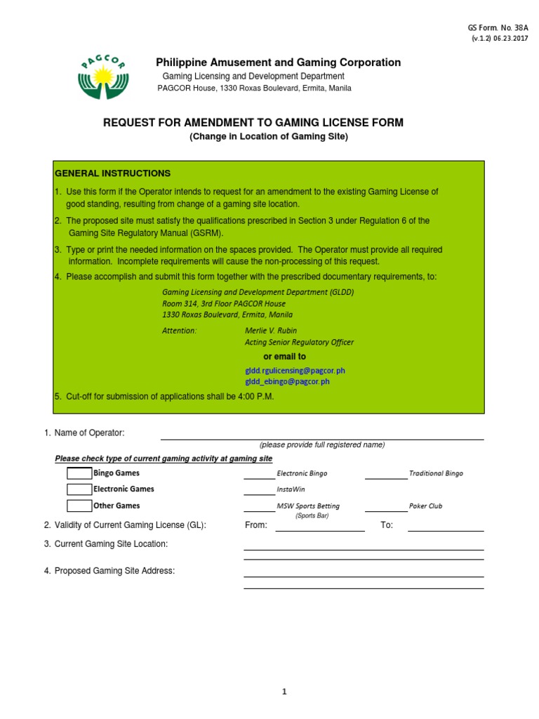 GS Form No. 38A - Request For Amendment To Gaming License Form | PDF ...