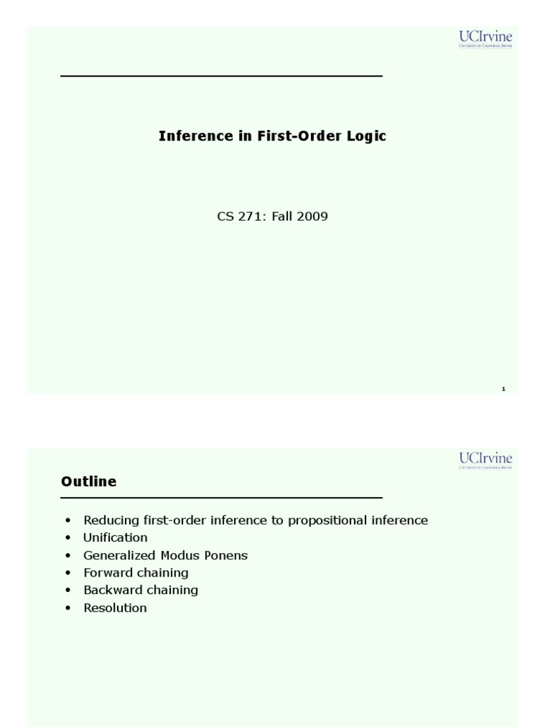 Inference in First-Order Logic: CS 271: Fall 2009 | PDF | First Order Logic | Logical Consequence