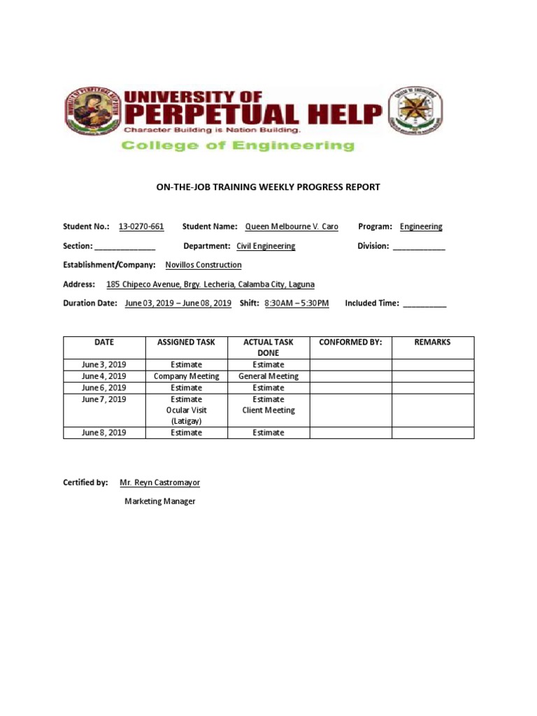 Ojt Weekly Report | PDF | Engineering | Science And Technology