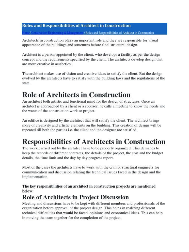 Roles and Responsibilities of Architect in Construction | PDF ...