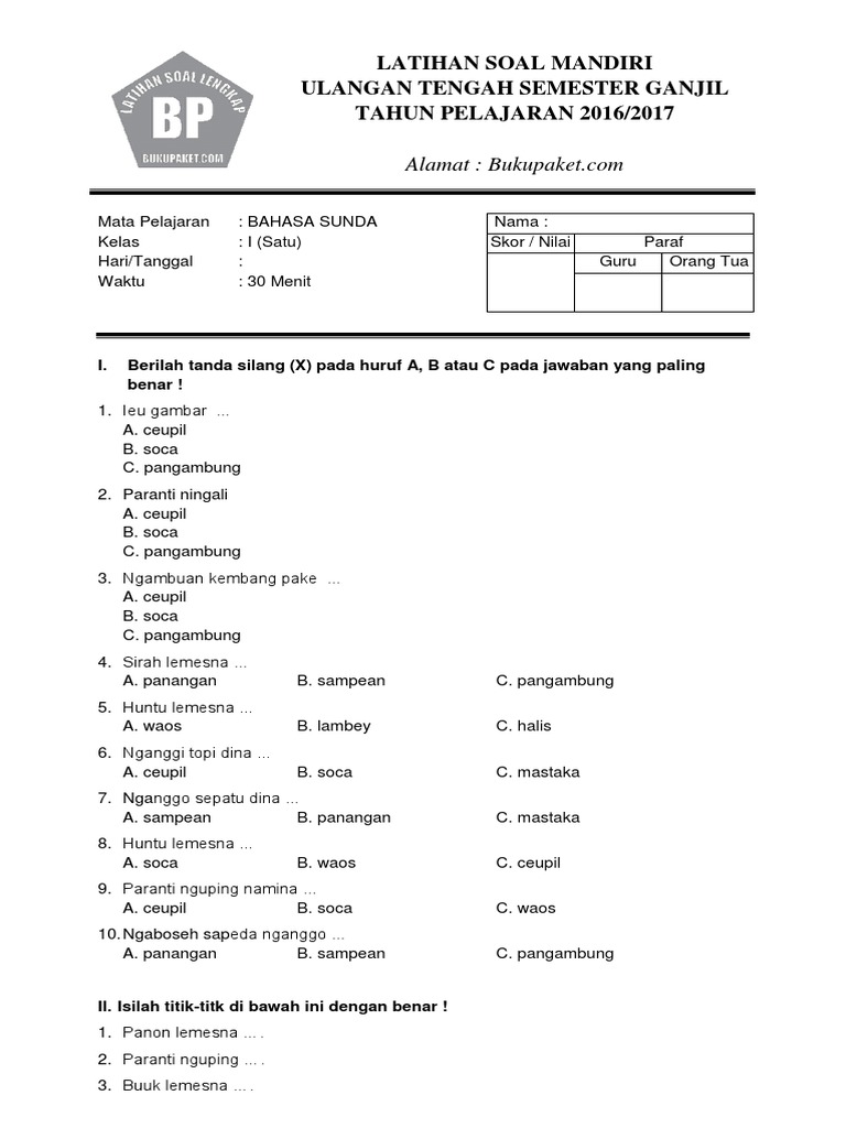 Latihan Soal UTS Bahasa Sunda Kelas 1 SD Semester 1 | PDF