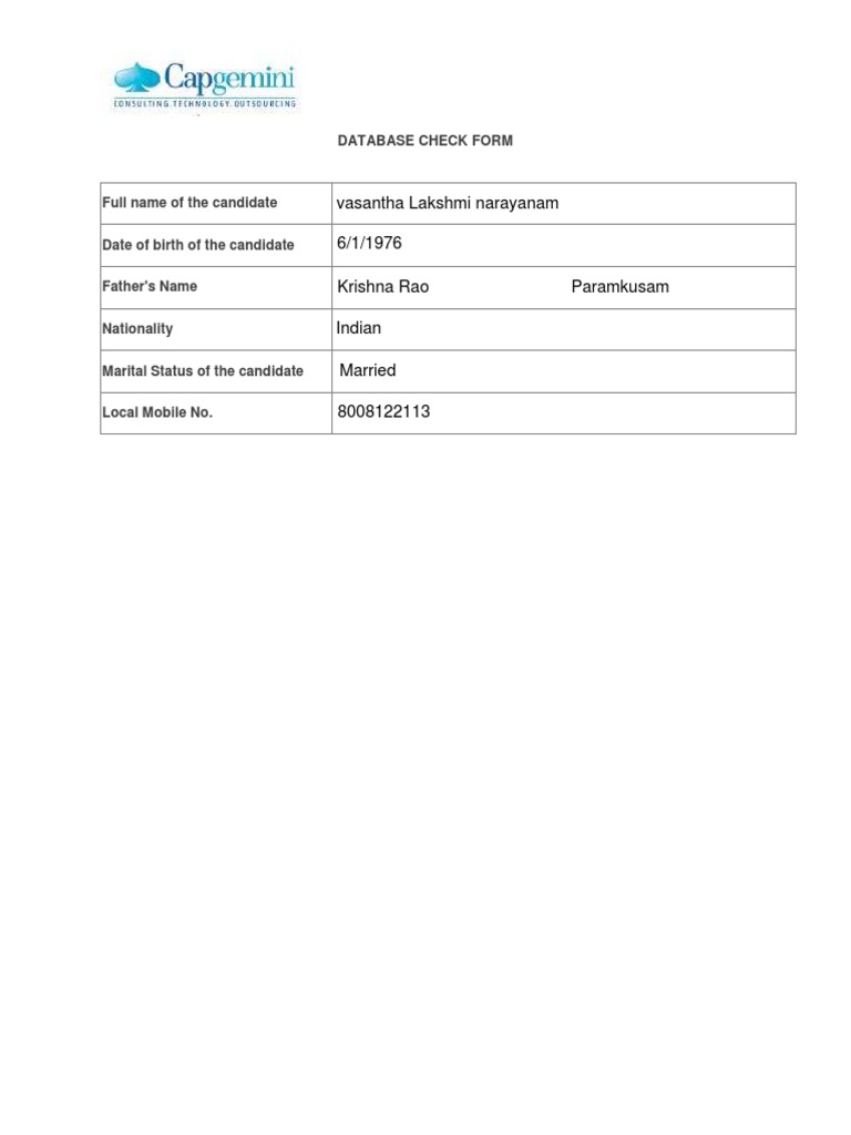Vasantha Lakshmi Narayanam: Database Check Form | PDF