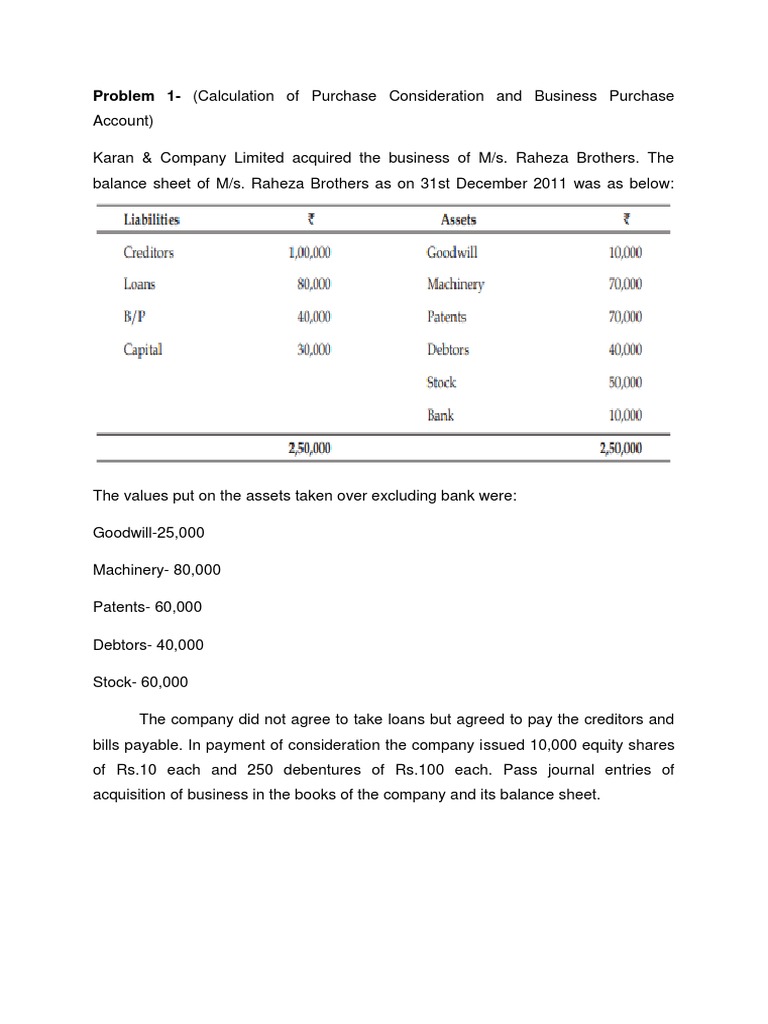 Problem 1 - (Calculation of Purchase Consideration and Business ...