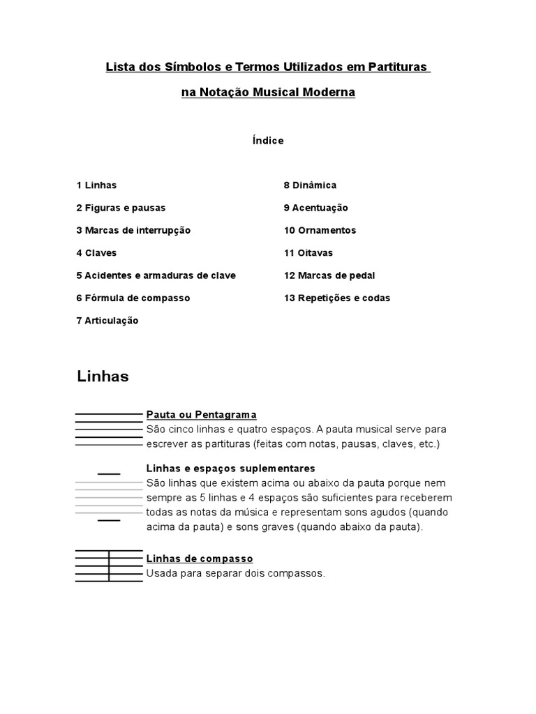 Lista Dos Simbolos e Termos Utilizados em Partituras Na Notacao Musical ...