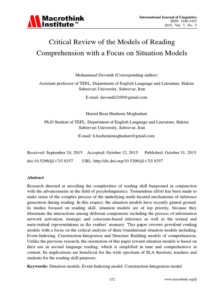 Critical Review of The Models of Reading Comprehension With A Focus On ...