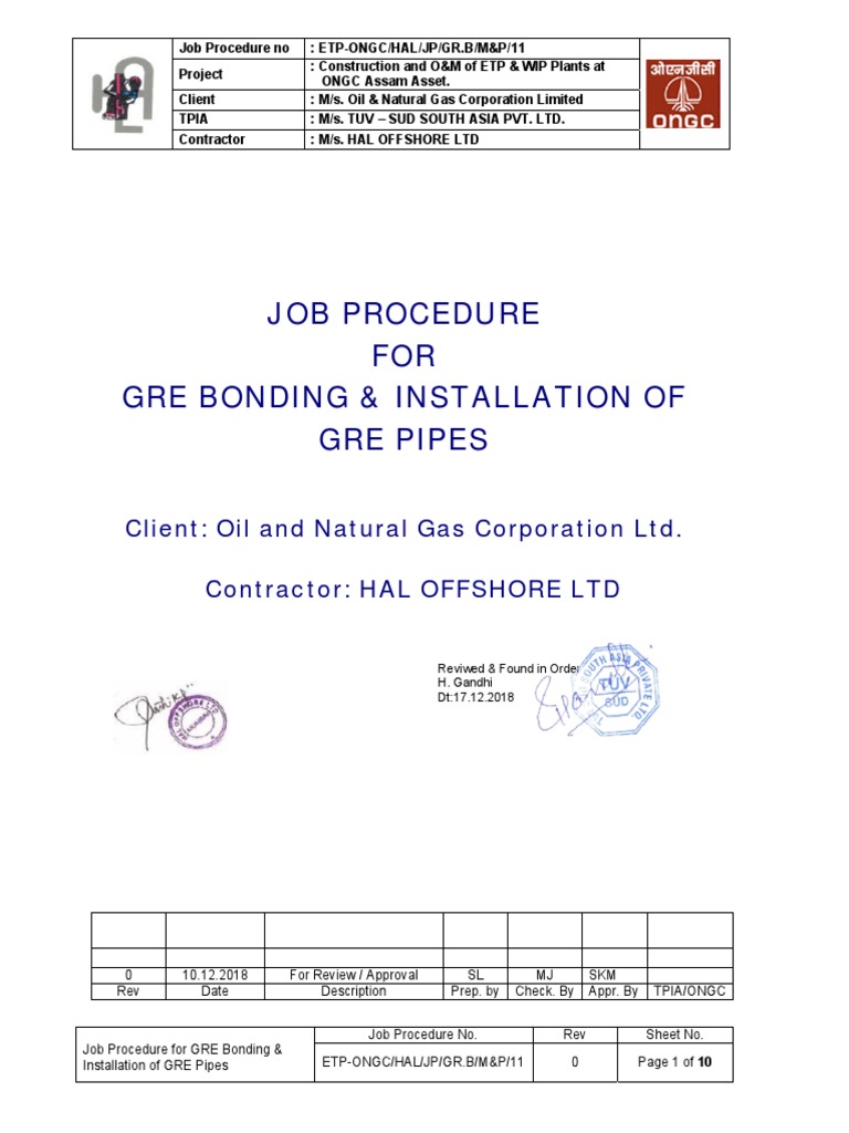 17.12 ETP - Job Procedure For GRE Bonding & Installation of GRE Pipes ...