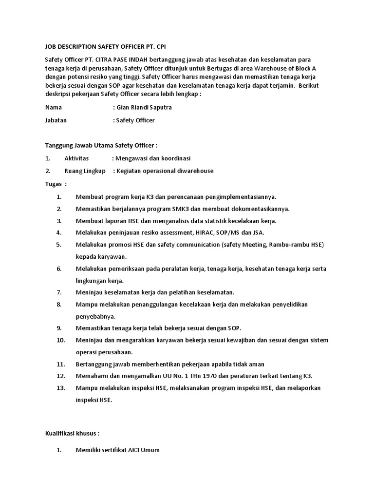 Job Description Safety Officer PT Cpi | PDF