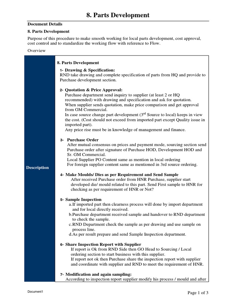 Parts Development: Description | PDF | Specification (Technical ...