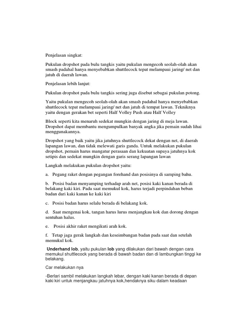 TEKNIK DAN LANGKAH DROP SHOT DALAM BULU TANGKIS | PDF