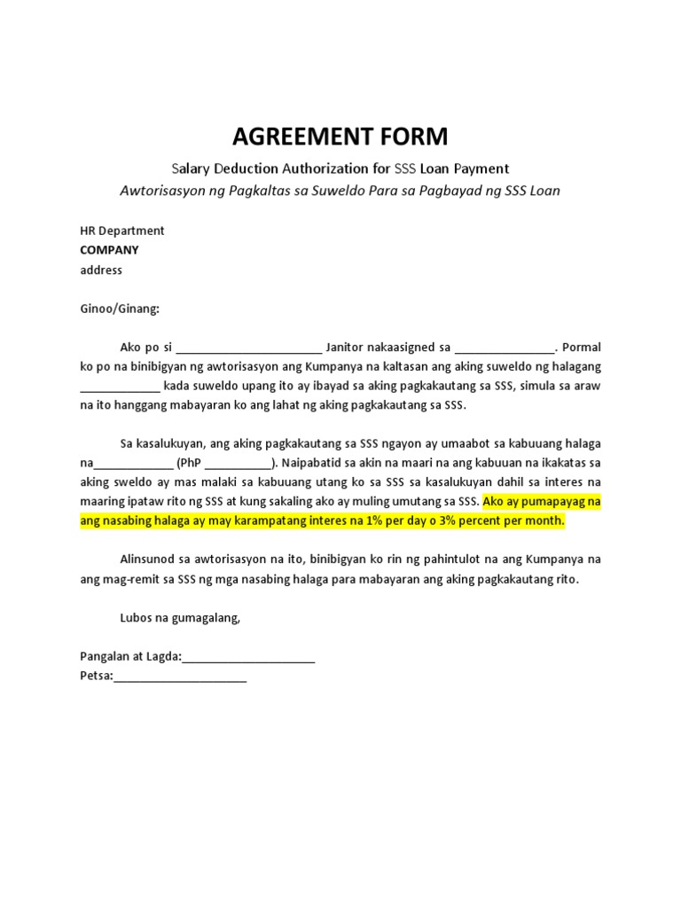Authority To Deduct From Salary - SSS Tagalog | PDF