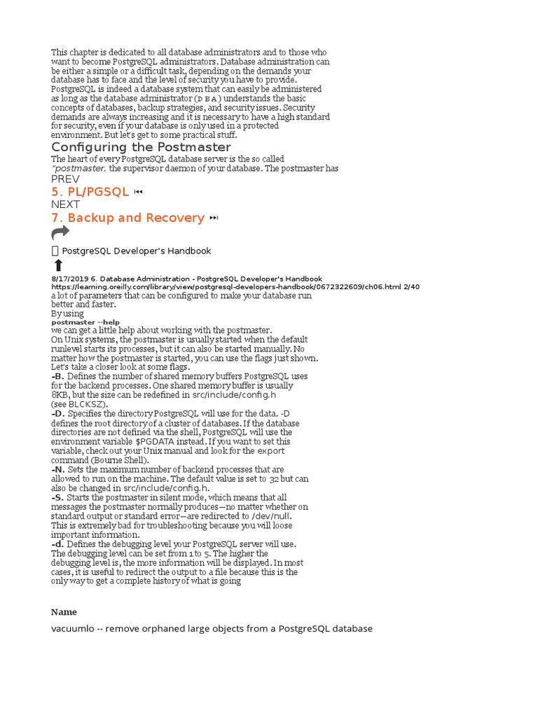 Configuring The Postmaster: 5. PL/PGSQL 7. Backup and Recovery | PDF ...