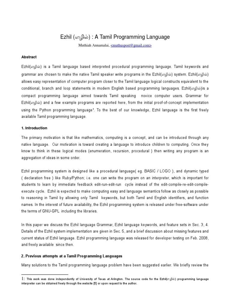 Ezhil (எழல): A Tamil Programming Language | PDF | Programming Language ...